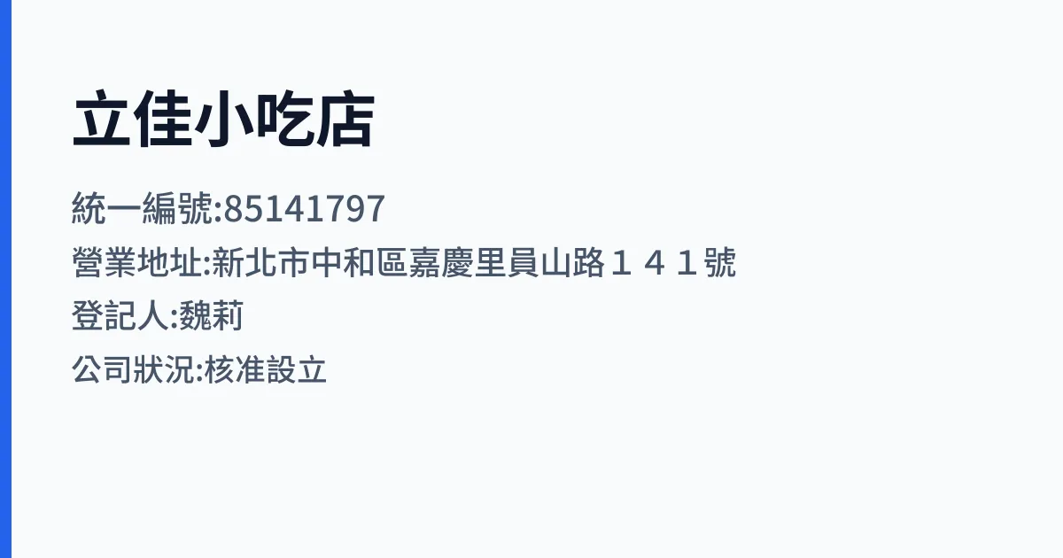 立佳小吃店 - 統編 85141797(新北市) 公司登記資料與營業項目詳細圖表