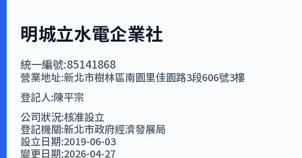 明城立水電企業社的照片-統編 85141868(新北市) 公司登記資料與營業項目詳細圖表