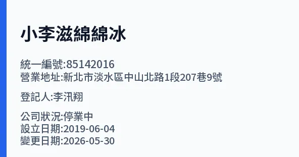 小李滋綿綿冰的照片-統編 85142016(新北市) 公司登記資料與營業項目詳細圖表