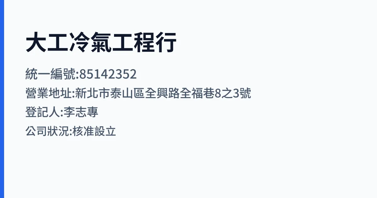 大工冷氣工程行 - 統編 85142352(新北市) 公司登記資料與營業項目詳細圖表