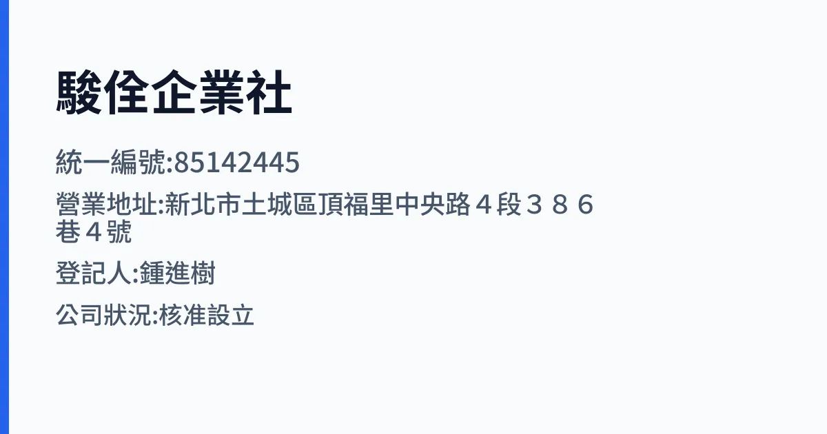 駿佺企業社 - 統編 85142445(新北市) 公司登記資料與營業項目詳細圖表