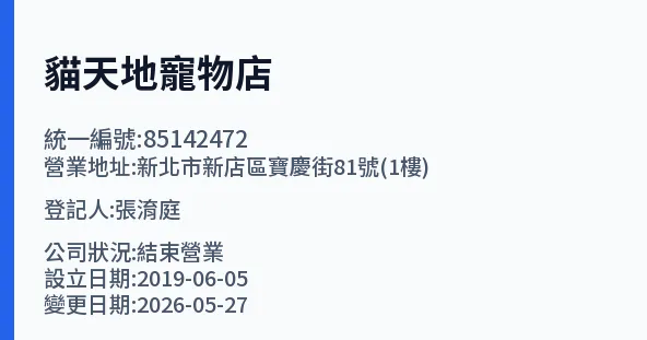 貓天地寵物店的照片-統編 85142472(新北市) 公司登記資料與營業項目詳細圖表