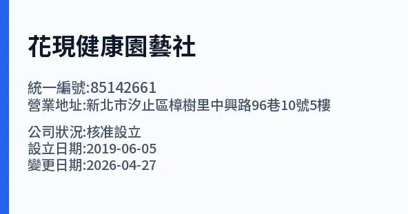 花現健康園藝社的照片-統編 85142661(新北市) 公司登記資料與營業項目詳細圖表