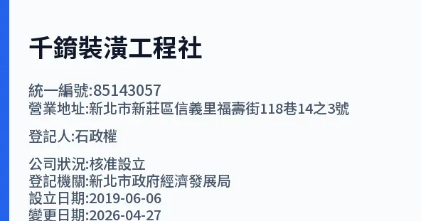 千錥裝潢工程社的照片-統編 85143057(新北市) 公司登記資料與營業項目詳細圖表