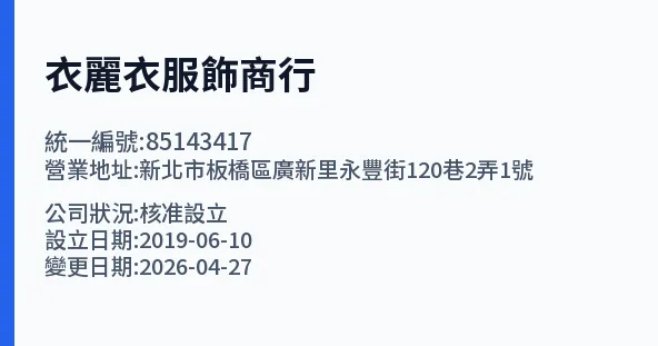 衣麗衣服飾商行的照片-統編 85143417(新北市) 公司登記資料與營業項目詳細圖表