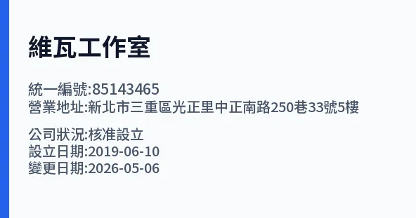 維瓦工作室的照片-統編 85143465(新北市) 公司登記資料與營業項目詳細圖表