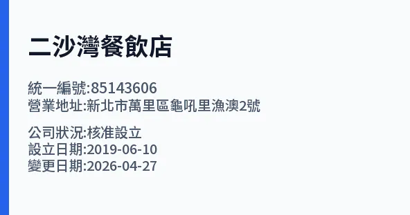 二沙灣餐飲店的照片-統編 85143606(新北市) 公司登記資料與營業項目詳細圖表