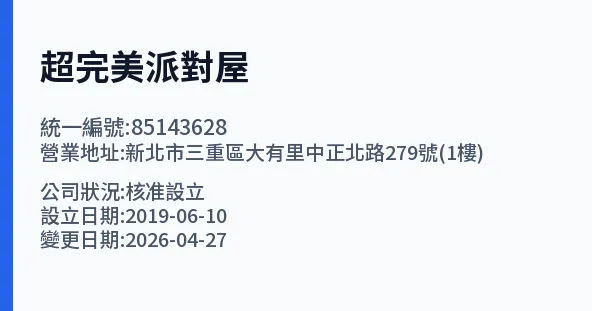 超完美派對屋的照片-統編 85143628(新北市) 公司登記資料與營業項目詳細圖表
