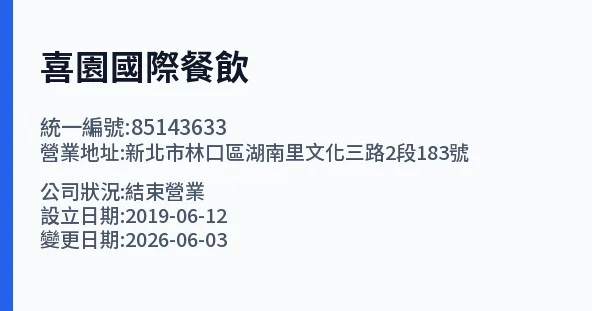 喜園國際餐飲的照片-統編 85143633(新北市) 公司登記資料與營業項目詳細圖表