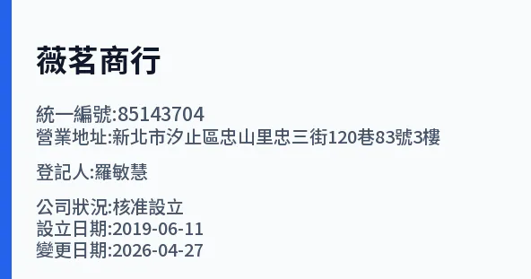 薇茗商行的照片-統編 85143704(新北市) 公司登記資料與營業項目詳細圖表