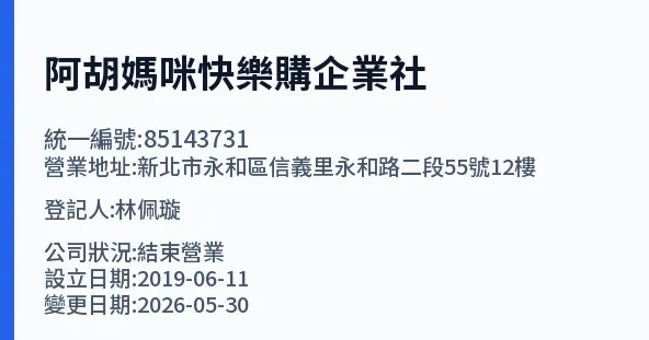 阿胡媽咪快樂購企業社的照片-統編 85143731(新北市) 公司登記資料與營業項目詳細圖表
