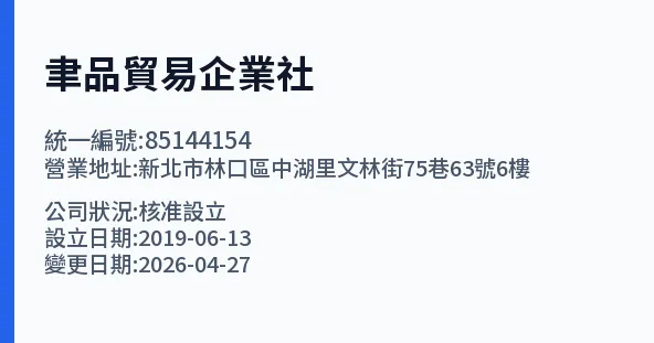 聿品貿易企業社的照片-統編 85144154(新北市) 公司登記資料與營業項目詳細圖表