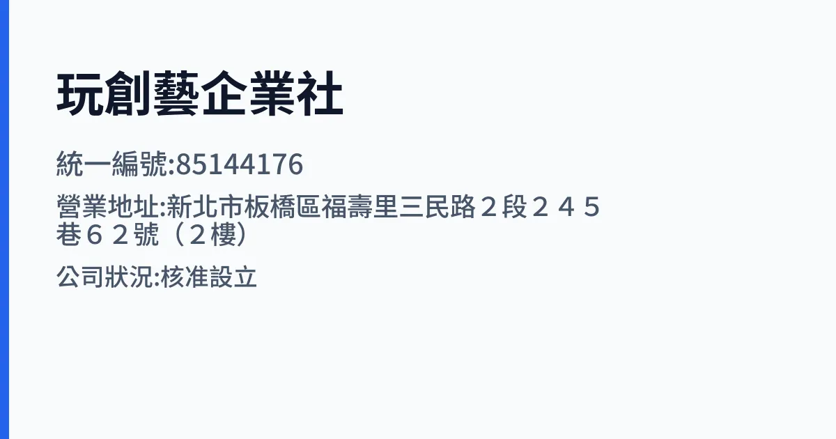 玩創藝企業社 - 統編 85144176(新北市) 公司登記資料與營業項目詳細圖表