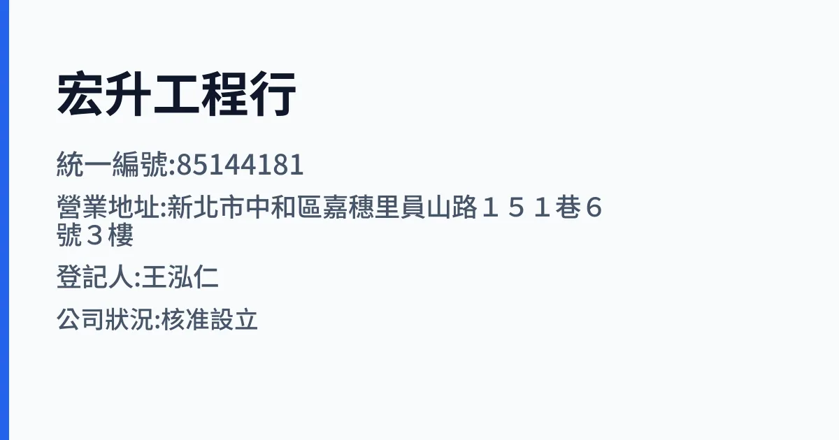宏升工程行 - 統編 85144181(新北市) 公司登記資料與營業項目詳細圖表