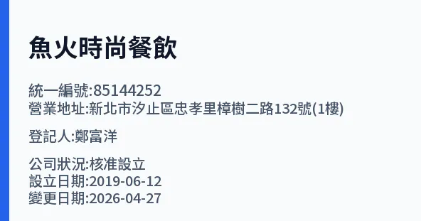 魚火時尚餐飲的照片-統編 85144252(新北市) 公司登記資料與營業項目詳細圖表