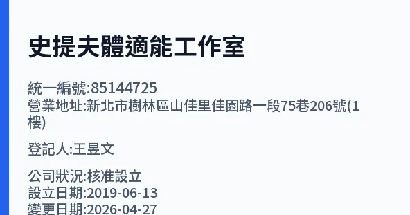 史提夫體適能工作室的照片-統編 85144725(新北市) 公司登記資料與營業項目詳細圖表