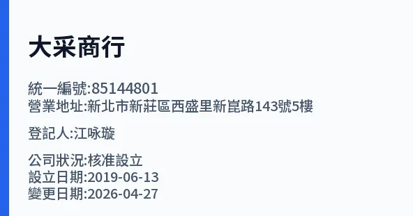大采商行的照片-統編 85144801(新北市) 公司登記資料與營業項目詳細圖表