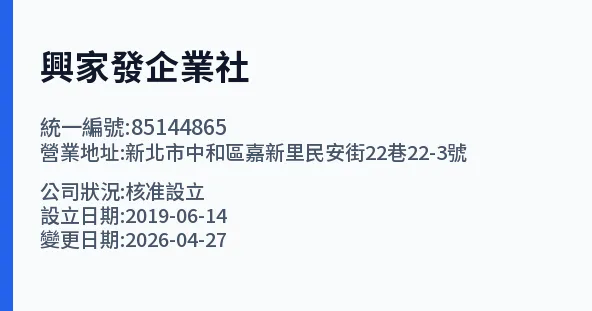興家發企業社的照片-統編 85144865(新北市) 公司登記資料與營業項目詳細圖表