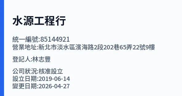 水源工程行的照片-統編 85144921(新北市) 公司登記資料與營業項目詳細圖表
