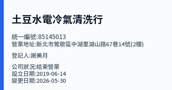 土豆水電冷氣清洗行的照片-統編 85145013(新北市) 公司登記資料與營業項目詳細圖表