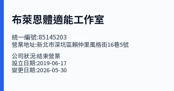 布萊恩體適能工作室的照片-統編 85145203(新北市) 公司登記資料與營業項目詳細圖表