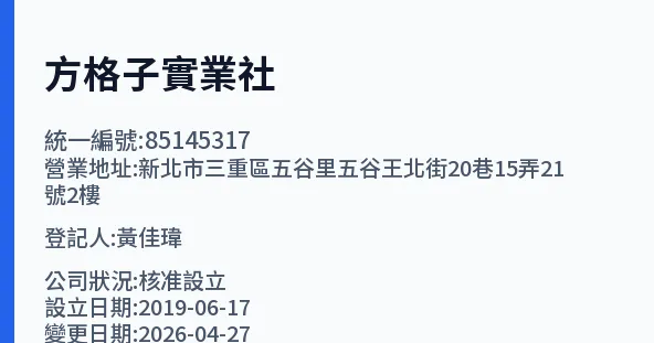 方格子實業社的照片-統編 85145317(新北市) 公司登記資料與營業項目詳細圖表
