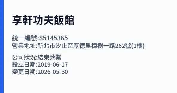 享軒功夫飯館的照片-統編 85145365(新北市) 公司登記資料與營業項目詳細圖表