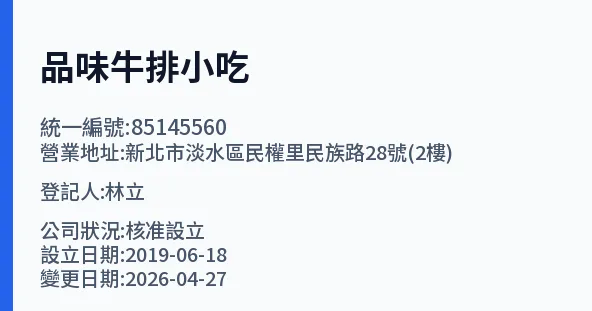品味牛排小吃的照片-統編 85145560(新北市) 公司登記資料與營業項目詳細圖表
