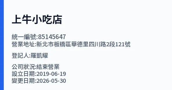 上牛小吃店的照片-統編 85145647(新北市) 公司登記資料與營業項目詳細圖表