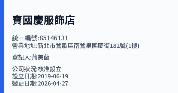 寶國慶服飾店的照片-統編 85146131(新北市) 公司登記資料與營業項目詳細圖表