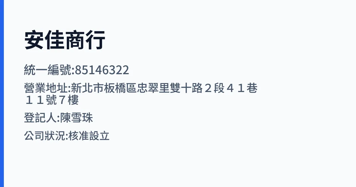 安佳商行 - 統編 85146322(新北市) 公司登記資料與營業項目詳細圖表