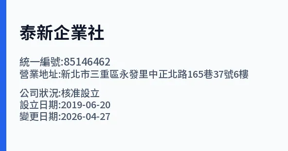 泰新企業社的照片-統編 85146462(新北市) 公司登記資料與營業項目詳細圖表