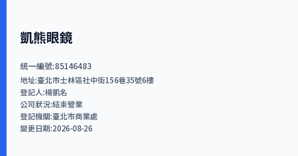 凱熊眼鏡的照片-統編 85146483(臺北市) 公司登記資料與營業項目詳細圖表