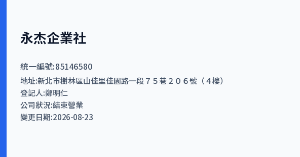 永杰企業社的照片-統編 85146580(新北市) 公司登記資料與營業項目詳細圖表