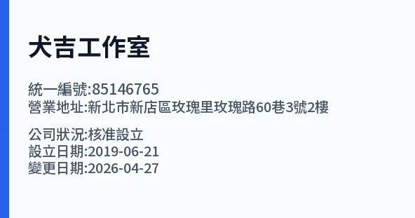 犬吉工作室的照片-統編 85146765(新北市) 公司登記資料與營業項目詳細圖表