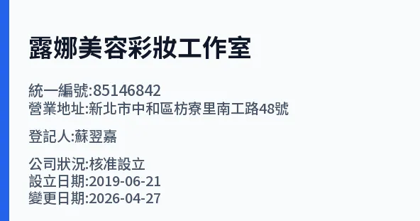 露娜美容彩妝工作室的照片-統編 85146842(新北市) 公司登記資料與營業項目詳細圖表