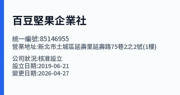 百豆堅果企業社的照片-統編 85146955(新北市) 公司登記資料與營業項目詳細圖表