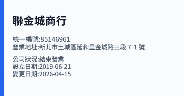 聯金城商行的照片-統編 85146961(新北市) 公司登記資料與營業項目詳細圖表