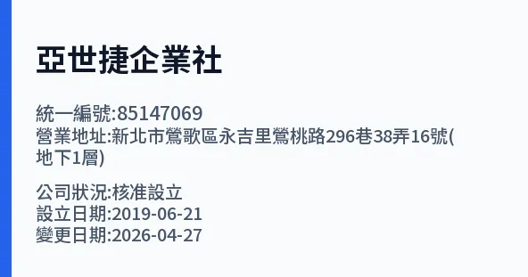 亞世捷企業社的照片-統編 85147069(新北市) 公司登記資料與營業項目詳細圖表