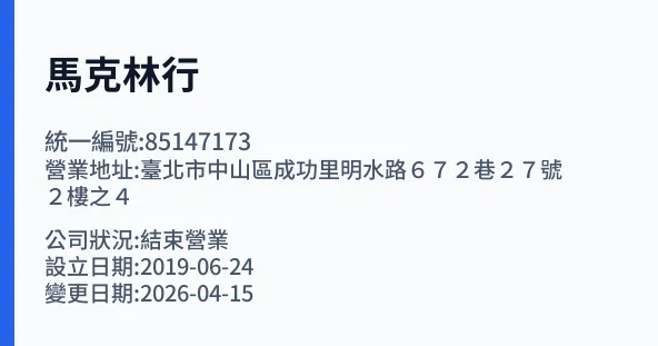 馬克林行的照片-統編 85147173(臺北市) 公司登記資料與營業項目詳細圖表