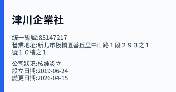 津川企業社的照片-統編 85147217(新北市) 公司登記資料與營業項目詳細圖表