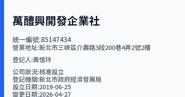 萬醴興開發企業社的照片-統編 85147434(新北市) 公司登記資料與營業項目詳細圖表