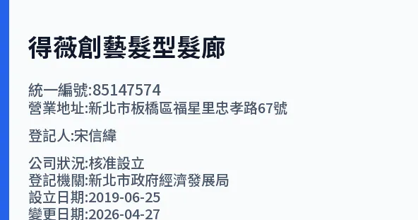 得薇創藝髮型髮廊的照片-統編 85147574(新北市) 公司登記資料與營業項目詳細圖表