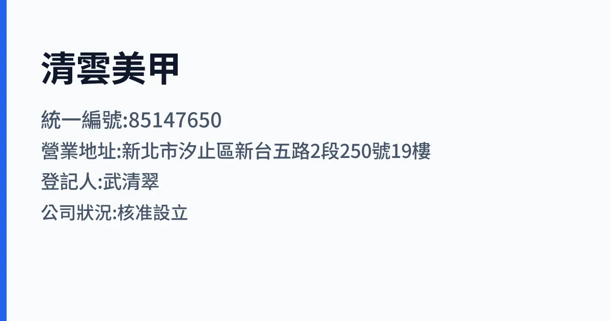 清雲美甲 - 統編 85147650(新北市) 公司登記資料與營業項目詳細圖表