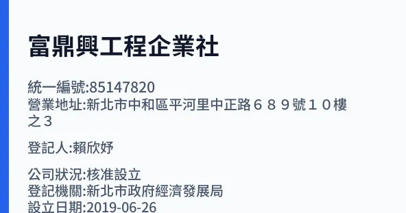富鼎興工程企業社的照片-統編 85147820(新北市) 公司登記資料與營業項目詳細圖表