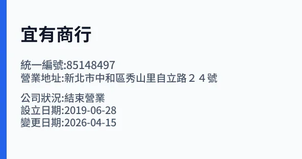 宜有商行的照片-統編 85148497(新北市) 公司登記資料與營業項目詳細圖表