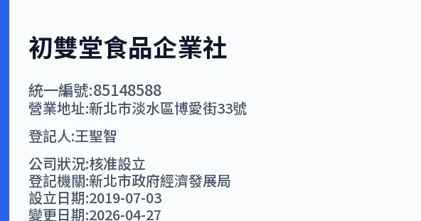初雙堂食品企業社的照片-統編 85148588(新北市) 公司登記資料與營業項目詳細圖表