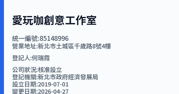 愛玩咖創意工作室的照片-統編 85148996(新北市) 公司登記資料與營業項目詳細圖表