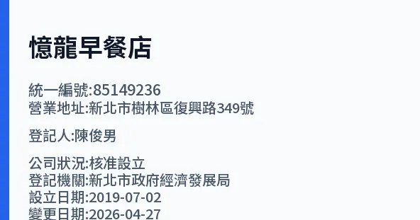 憶龍早餐店的照片-統編 85149236(新北市) 公司登記資料與營業項目詳細圖表