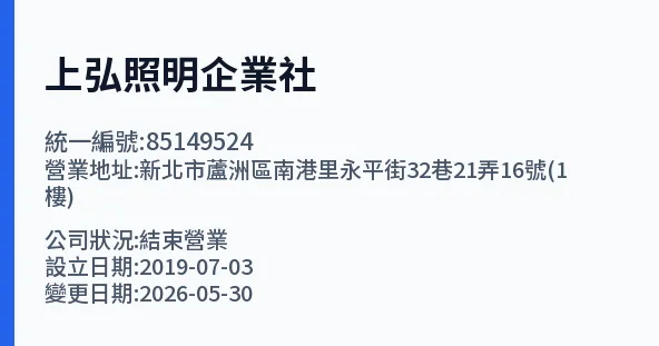 上弘照明企業社的照片-統編 85149524(新北市) 公司登記資料與營業項目詳細圖表